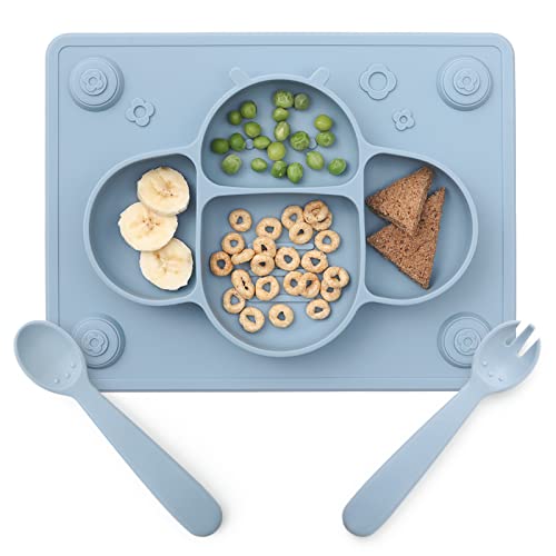 [Upgraded] ROCCED Suction Plates for Baby placemat Spoon Fork Set for Toddlers, Silicone Baby Plates with Suction Baby Dishes for Kids Plates-Dusty blue