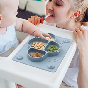 [Upgraded] ROCCED Suction Plates for Baby placemat Spoon Fork Set for Toddlers, Silicone Baby Plates with Suction Baby Dishes for Kids Plates-Dusty blue