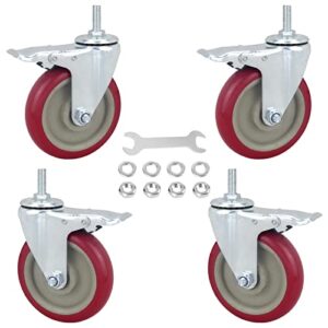 5" heavy duty stem casters,caster wheels with brake set of 4 castors swivel casters m12x30mm,free accessories,load 1100lbs