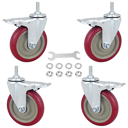 5" Heavy Duty Stem Casters,Caster Wheels with Brake Set of 4 Castors Swivel Casters M12x30mm,Free Accessories,Load 1100LBS