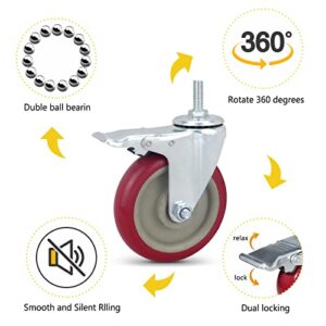 5" Heavy Duty Stem Casters,Caster Wheels with Brake Set of 4 Castors Swivel Casters M12x30mm,Free Accessories,Load 1100LBS