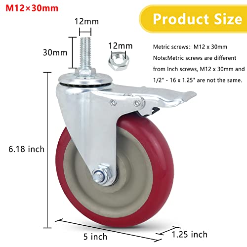 5" Heavy Duty Stem Casters,Caster Wheels with Brake Set of 4 Castors Swivel Casters M12x30mm,Free Accessories,Load 1100LBS