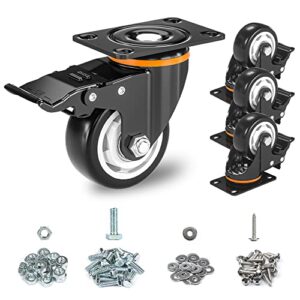 3 inch caster wheels, heavy duty 3” casters set of 4 with brake, tonsum no noise polyurethane (pu) wheels and safety dual locking casters, swivel plate castors (two hardware kits)