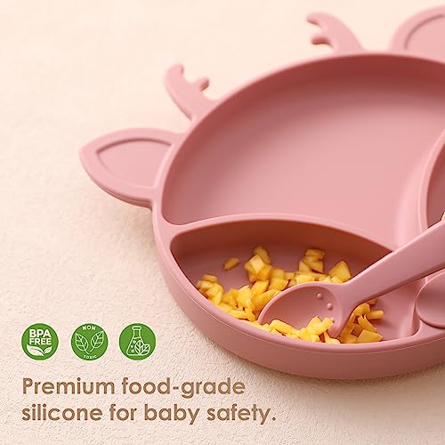 ROCCED [Upgraded] Suction Plates for Baby, Silicone Plates with Suction for Baby Divided, Baby Spoon Fork Set for Toddler Baby Dishes Kids Plates and Utensils-Deer pale mauve