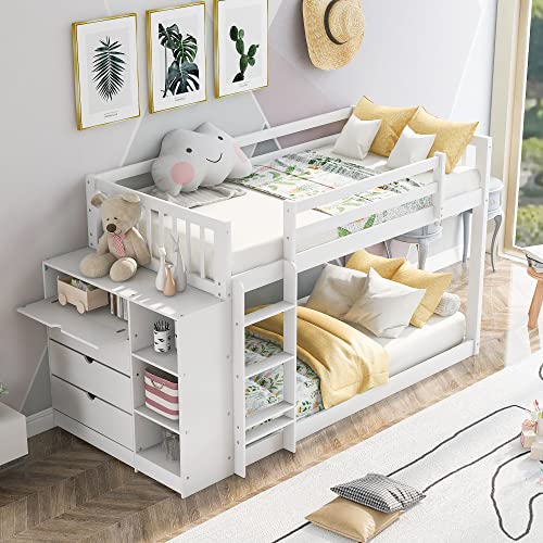 Harper & Bright Designs Twin Over Twin Bunk Bed with Storage Shelves, Kids Low Bunk Bed Frame with Bookcase, Floor Bunk Bed for Toddlers, Kids, Teens (New, White)