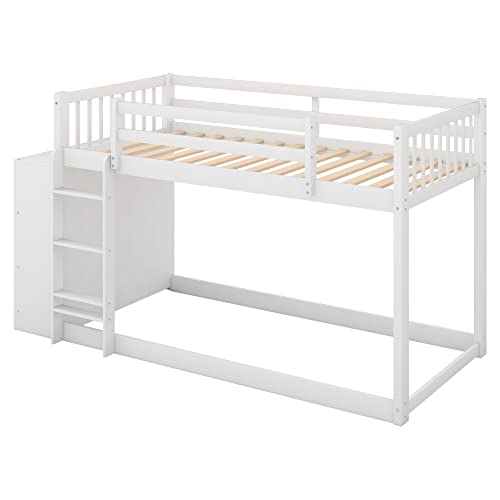 Harper & Bright Designs Twin Over Twin Bunk Bed with Storage Shelves, Kids Low Bunk Bed Frame with Bookcase, Floor Bunk Bed for Toddlers, Kids, Teens (New, White)