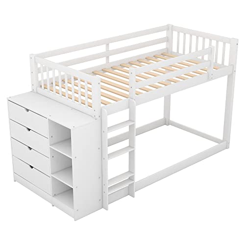 Harper & Bright Designs Twin Over Twin Bunk Bed with Storage Shelves, Kids Low Bunk Bed Frame with Bookcase, Floor Bunk Bed for Toddlers, Kids, Teens (New, White)