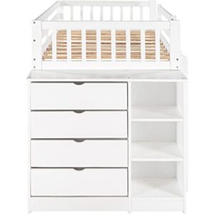 Harper & Bright Designs Twin Over Twin Bunk Bed with Storage Shelves, Kids Low Bunk Bed Frame with Bookcase, Floor Bunk Bed for Toddlers, Kids, Teens (New, White)