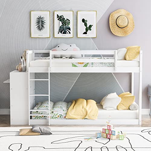 Harper & Bright Designs Twin Over Twin Bunk Bed with Storage Shelves, Kids Low Bunk Bed Frame with Bookcase, Floor Bunk Bed for Toddlers, Kids, Teens (New, White)