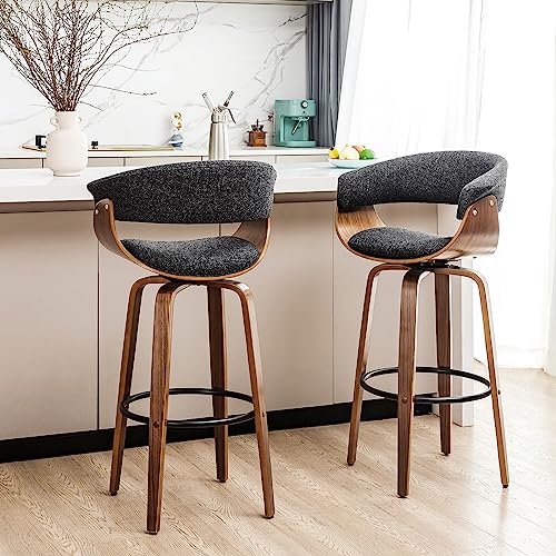 glitzhome Bar Stools Set of 2, 28’’ Swivel Barstools with Curved Back, Bar Height Stools Bar Chairs with Backrest, Footrest, Solid Bentwood Frame, Black