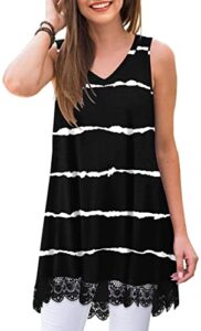 popyoung women's summer sleeveless tunic tops to wear with leggings v-neck flowy tank top casual shirt, lace hem xxl, stripe black