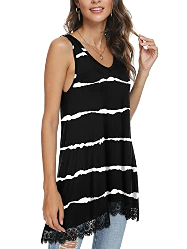 POPYOUNG Women's Summer Sleeveless Tunic Tops to Wear with Leggings V-Neck Flowy Tank Top Casual Shirt, Lace Hem XXL, Stripe Black