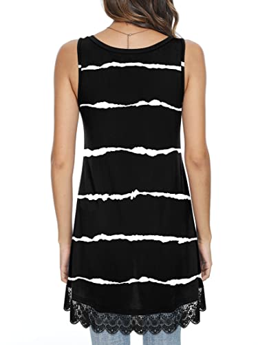 POPYOUNG Women's Summer Sleeveless Tunic Tops to Wear with Leggings V-Neck Flowy Tank Top Casual Shirt, Lace Hem XXL, Stripe Black