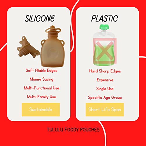 TULULU Foody Reusable Food Pouches Silicone-4pack/5oz-Refillable Homemade Food Storage Containers Kids Squeezy Pouch-Soft Reusable Baby Food Pouches for Toddlers