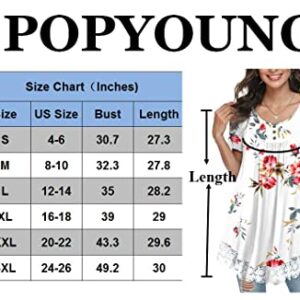 POPYOUNG Women's 2023 Spring-Summer Casual Short Sleeve Tunic Tops Ruffle Button Loose Blouse Lace Hem T-Shirts L, Floral White