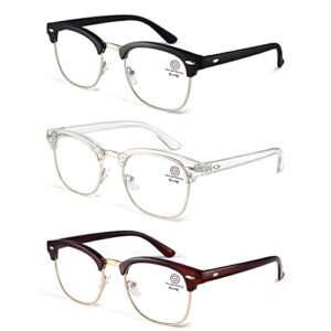 rutony 3 pack blue light glasses men women, retro semi rimless anti uv400 clear lenses, round clear computer gaming eyewear