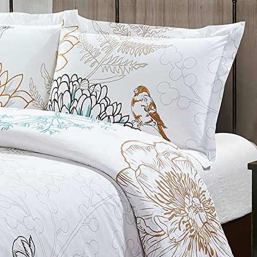 Style Quarters Queen Duvet Cover, 100% Cotton Percale Bird Style Duvet Cover 3 Pieces Duvet Cover Queen, White Duvet Cover Queen with 1 Duvet Cover and 2 Pillow Shams(Queen)