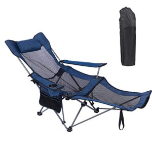 mycoqu camping lounge chair, oversized folding reclining camping chair, portable recliner with footrest, carry bag and cup holder, 320 ibs weight capacity(blue)