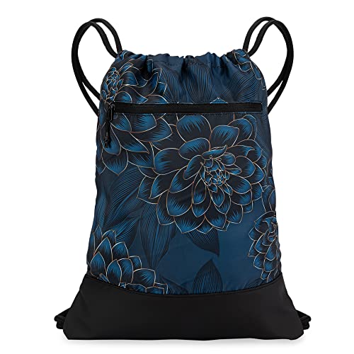 Drawstring Backpack for Women | Durable Lightweight Gym Backpack with Graphic Designs | Great for Drawstring Bags for the Gym, Travel, and Overnights | Teal/Black - Dahlia Flower