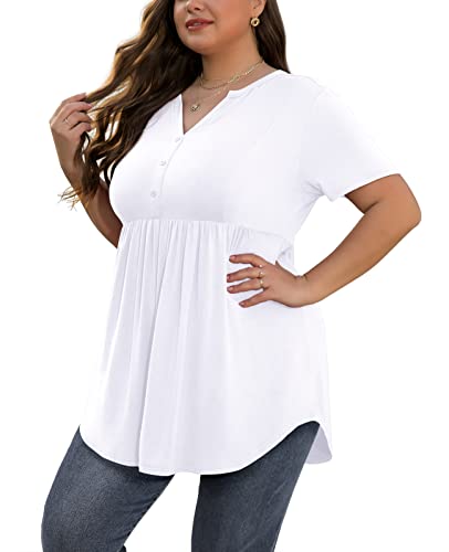 SHIJIALI Women's Plus Size Henley Shirts V Neck Button Tunic Tops Casual Short Sleeve Swing Flowy Blouse White-XX-Large