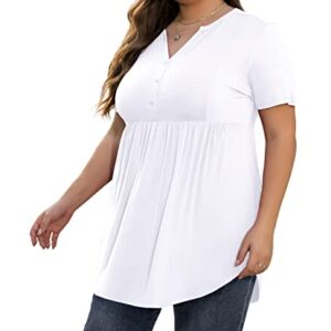 SHIJIALI Women's Plus Size Henley Shirts V Neck Button Tunic Tops Casual Short Sleeve Swing Flowy Blouse White-XX-Large