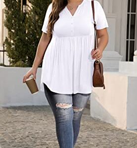 SHIJIALI Women's Plus Size Henley Shirts V Neck Button Tunic Tops Casual Short Sleeve Swing Flowy Blouse White-XX-Large