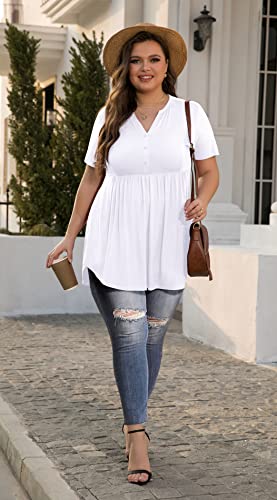 SHIJIALI Women's Plus Size Henley Shirts V Neck Button Tunic Tops Casual Short Sleeve Swing Flowy Blouse White-XX-Large