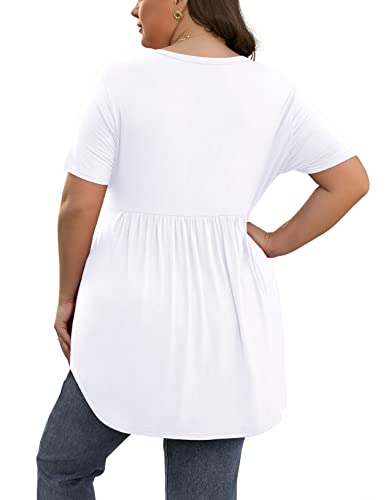 SHIJIALI Women's Plus Size Henley Shirts V Neck Button Tunic Tops Casual Short Sleeve Swing Flowy Blouse White-XX-Large