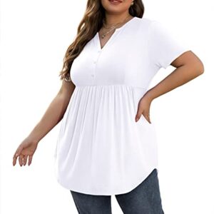 SHIJIALI Women's Plus Size Henley Shirts V Neck Button Tunic Tops Casual Short Sleeve Swing Flowy Blouse White-XX-Large