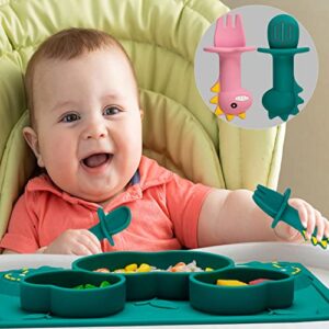 NICINGU 3Pcs Toddler Silicone Placemat Spoon and Fork Set,Divided Plate Dish for Baby Kids Infant Self Feeding Training，Non-Suction BPA Free Microwave Dishwasher Safe-Blue Dinosaur