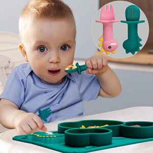 NICINGU 3Pcs Toddler Silicone Placemat Spoon and Fork Set,Divided Plate Dish for Baby Kids Infant Self Feeding Training，Non-Suction BPA Free Microwave Dishwasher Safe-Blue Dinosaur