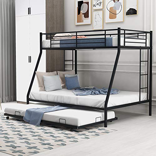 Harper & Bright Designs Bunk Bed with Trundle, Metal Bed Frame with Ladder, Safety Sturdy Guardrail for Kids, Teen, No Box Spring Needed (Twin Over Full,Black)