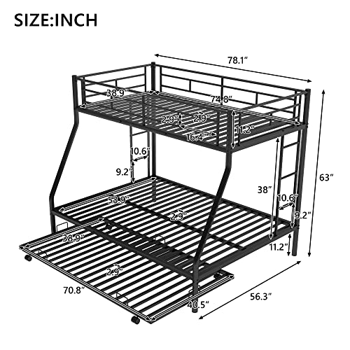 Harper & Bright Designs Bunk Bed with Trundle, Metal Bed Frame with Ladder, Safety Sturdy Guardrail for Kids, Teen, No Box Spring Needed (Twin Over Full,Black)