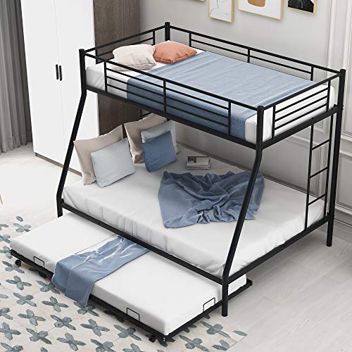 Harper & Bright Designs Bunk Bed with Trundle, Metal Bed Frame with Ladder, Safety Sturdy Guardrail for Kids, Teen, No Box Spring Needed (Twin Over Full,Black)