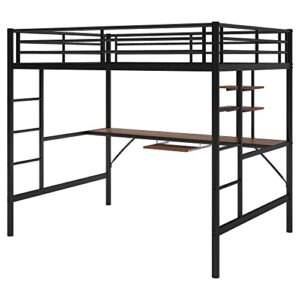 SOFTSEA Full High Loft Bed with Desk and Shelves for Small Space, Metal Loft Bed for Kids Teens, Indsutrial Style