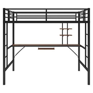 SOFTSEA Full High Loft Bed with Desk and Shelves for Small Space, Metal Loft Bed for Kids Teens, Indsutrial Style