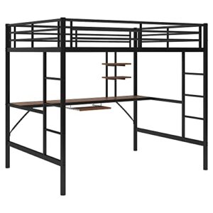 SOFTSEA Full High Loft Bed with Desk and Shelves for Small Space, Metal Loft Bed for Kids Teens, Indsutrial Style