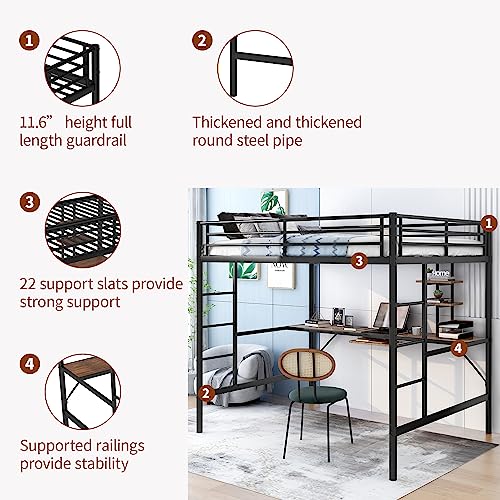 SOFTSEA Full High Loft Bed with Desk and Shelves for Small Space, Metal Loft Bed for Kids Teens, Indsutrial Style