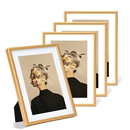 Fkvat 4x6 Picture Frame Set of 4, Matted Gold Simple Modern Thin Aluminum Metal Photo Frame Fits 3x5 with Mat or 4x6 without Mat Photo. Display for Tabletop or Wall Collage. (Horizontal & Vertical). with White and Black Mats.