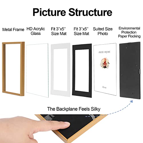 Fkvat 4x6 Picture Frame Set of 4, Matted Gold Simple Modern Thin Aluminum Metal Photo Frame Fits 3x5 with Mat or 4x6 without Mat Photo. Display for Tabletop or Wall Collage. (Horizontal & Vertical). with White and Black Mats.