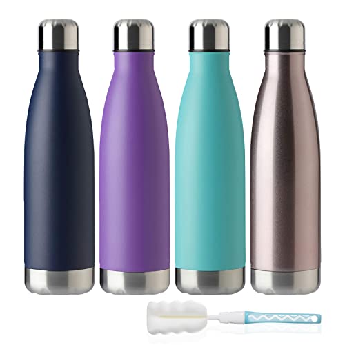 MEWAY 17oz Sport Water Bottle 4 Pack Vacuum Insulated Stainless Steel Sport Water Bottle Leak-Proof Double Wall Cola Shape Water Bottle (Purple/Light Blue/Navy/Rose Gold, 4 Pack)