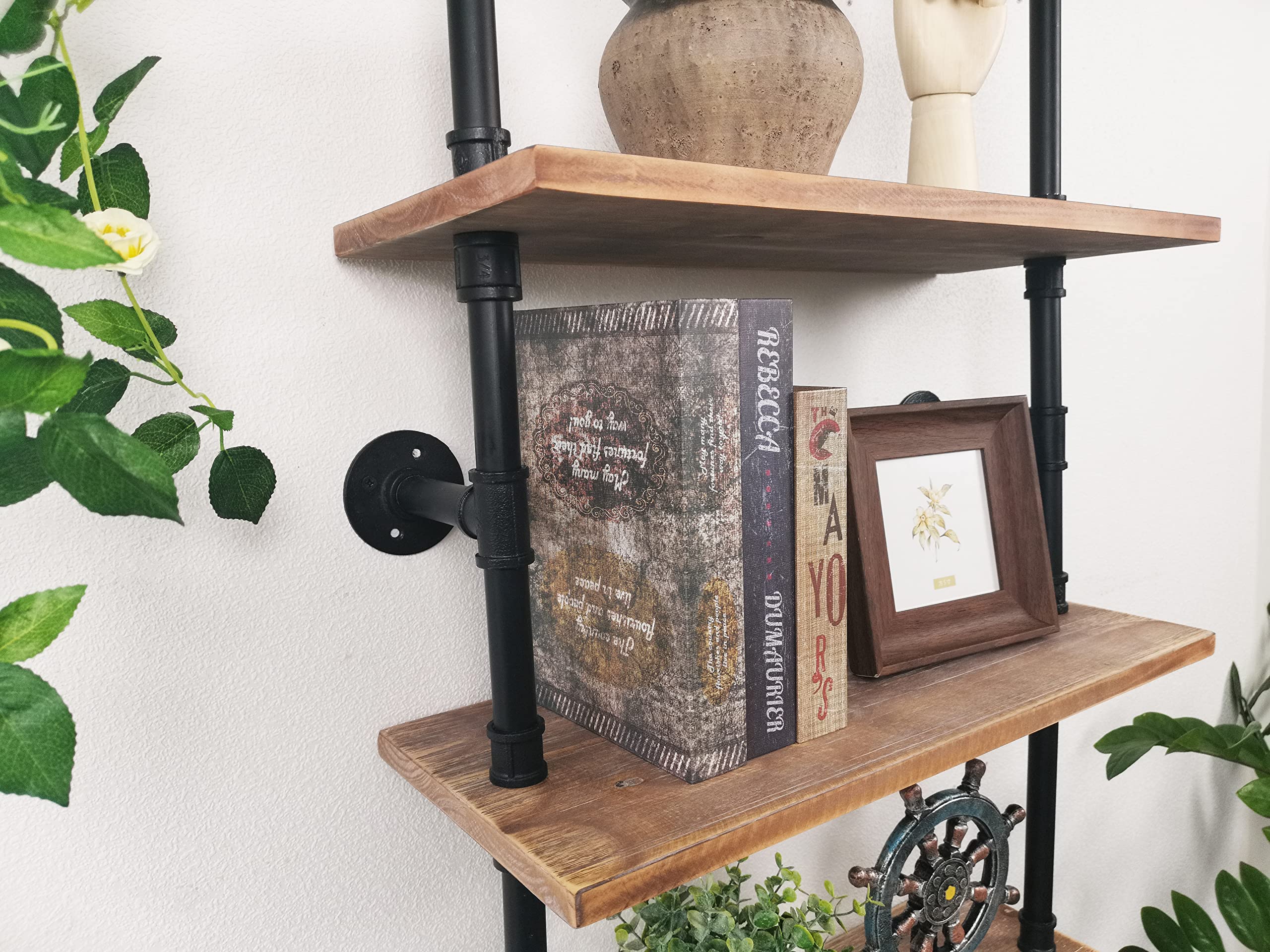 Anynice Industrial Ladder Pipe Shelves, Wall Mounted Rustic Bookshelf, Retro Metal Wood Bookcases (Weathered Brown, 6 Tier - 10" D x 24" W x 82.5" H)