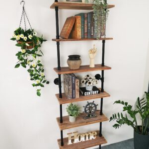 Anynice Industrial Ladder Pipe Shelves, Wall Mounted Rustic Bookshelf, Retro Metal Wood Bookcases (Weathered Brown, 6 Tier - 10" D x 24" W x 82.5" H)