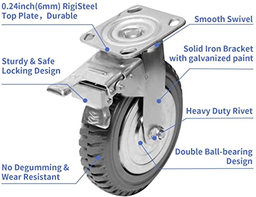 Chrov 6 Inch Heavy Duty Plate Casters Wheels Set of 4 Swivel Casters 1322lbs Smooth Silent 360 Degree Rotation Ball Bearing (2 with Brake Lock, 2 Without Brake)