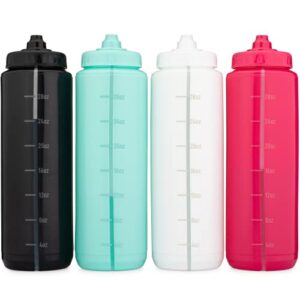 Hydra Cup - 4 PACK - 32oz Squeeze Water Bottles Bulk Set, BPA FREE, For Sports, Cycling, Bike, Quick Squirt Hydration, Shaker Cup Wire Whisk Included