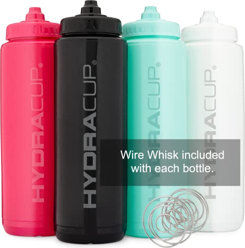 Hydra Cup - 4 PACK - 32oz Squeeze Water Bottles Bulk Set, BPA FREE, For Sports, Cycling, Bike, Quick Squirt Hydration, Shaker Cup Wire Whisk Included