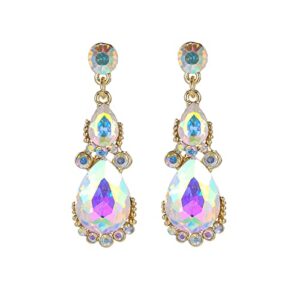 QYJ Women’s Wedding Bridal Austrian Crystal Glass Teardrop Statement Necklace Dangle Earrings Bracelet Ring Wedding Party Jewelry Set for Bridal Bridesmaid (AB Crystal-Gold Plated)