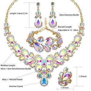 QYJ Women’s Wedding Bridal Austrian Crystal Glass Teardrop Statement Necklace Dangle Earrings Bracelet Ring Wedding Party Jewelry Set for Bridal Bridesmaid (AB Crystal-Gold Plated)