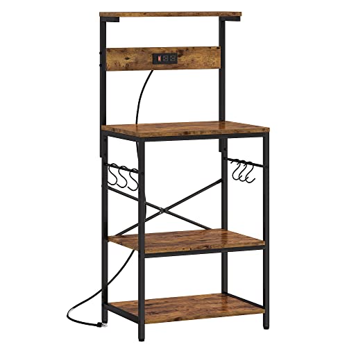 SUPERJARE Kitchen Bakers Rack with Power Outlet, Coffee Bar Table 4 Tiers, Kitchen Microwave Stand with 6 S-shaped Hooks, Kitchen Storage Shelf Rack for Spices, Pots and Pans - Rustic Brown