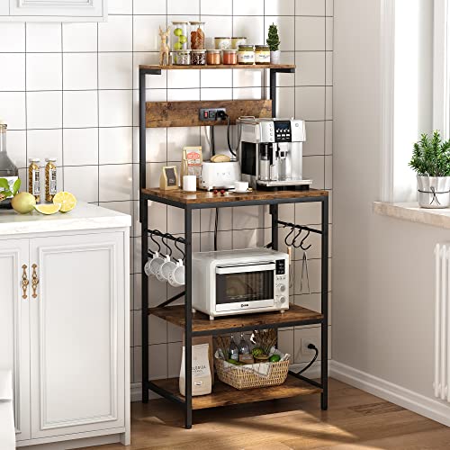 SUPERJARE Kitchen Bakers Rack with Power Outlet, Coffee Bar Table 4 Tiers, Kitchen Microwave Stand with 6 S-shaped Hooks, Kitchen Storage Shelf Rack for Spices, Pots and Pans - Rustic Brown